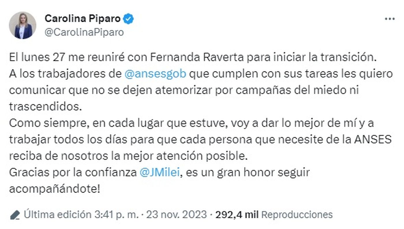 Carolina Piparo finalmente no irá a la ANSES