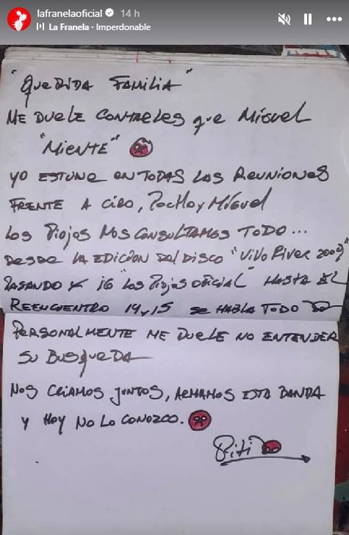 La dura carta de puño y letra de uno de los integrantes de Los Piojos ...